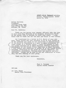 Letter to Daniel Sullivan from Paul Tsongas regarding a meeting with ...