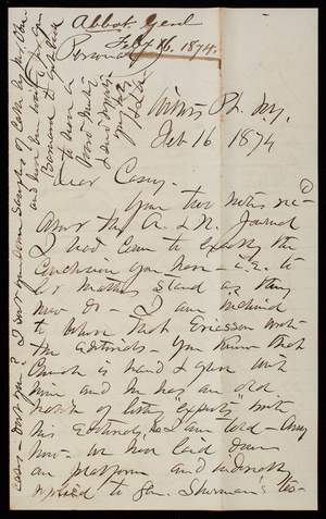 General [Henry L. Abbot] to Thomas Lincoln Casey, February 16, 1874 ...