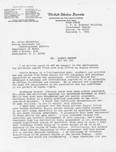 Letter to Alvin Drischler from Paul Tsongas regarding Dennis Brutus ...