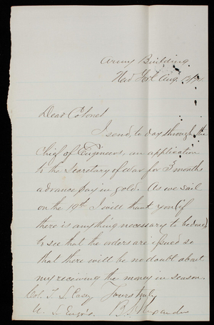 General [Barton S.] Alexander to Thomas Lincoln Casey, August 12, 1874 ...