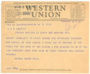 Telegram from Young Women’s Christian Association of Trenton to W. E. B ...