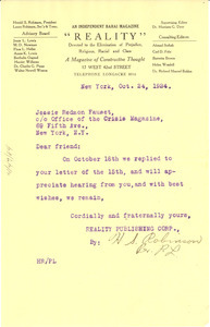 Letter from Reality to Jessie Redmon Fauset - Digital Commonwealth