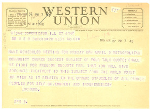 Telegram from Metz T. P. Lochard to W. E. B. Du Bois - Digital Commonwealth
