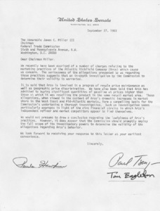 Letter to James C. Miller III from Paul E. Tsongas, Tom Eagleton and ...