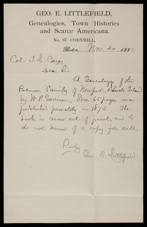 [George] E. Littlefield to Thomas Lincoln Casey, November 20, 1883 ...