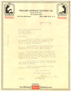 Letter from Willard Storage Battery Company to W. E. B. Du Bois ...