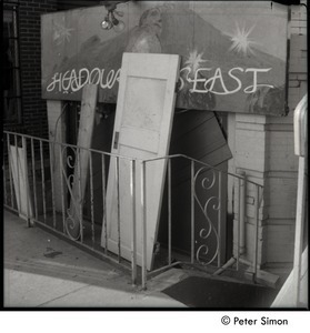Boarded-up storefront on Harvard Square after the riot of April 15 ...