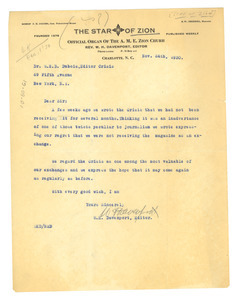 Letter from Star of Zion to W. E. B. Du Bois - Digital Commonwealth