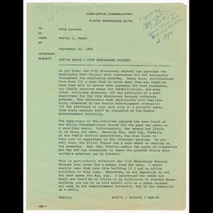 Memorandum from Walter Smart to Otto Snowden about City Missionary ...
