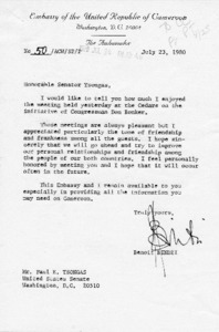 Letter from Ambassador Benoit Bindzi to Honorable Senator Tsongas ...