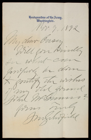 [General] J. M. Schofield to Thomas Lincoln Casey, November 7, 1892 ...