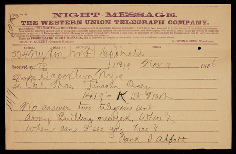 Dr. Frank S. Abbott to Thomas Lincoln Casey, November 9, 1886, telegram ...