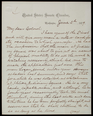 Senator [George H.] Edmunds to Thomas Lincoln Casey, June 3, 1879 ...