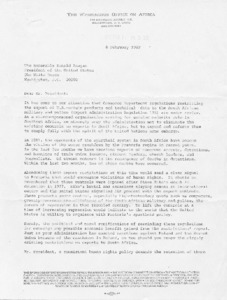 Letter to Ronald Reagan from Jean Sindab regarding exports to South ...