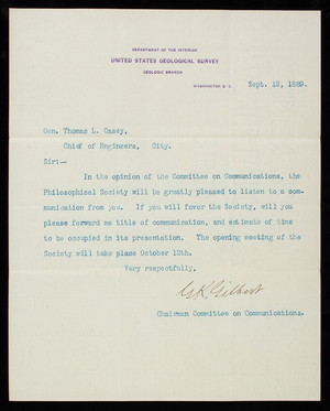 G. K. Gilbert to Thomas Lincoln Casey, September 12, 1889 - Digital ...