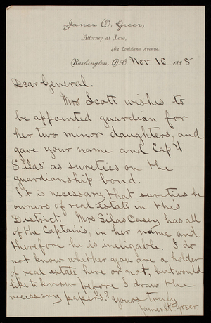 James. W. Greer to Thomas Lincoln Casey, November 16, 1888 - Digital ...