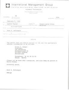 Fax from Mark H. McCormack to Lynton Taylor - Digital Commonwealth
