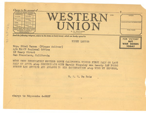 Telegram from W. E. B. Du Bois to Ethel Ray Nance - Digital Commonwealth