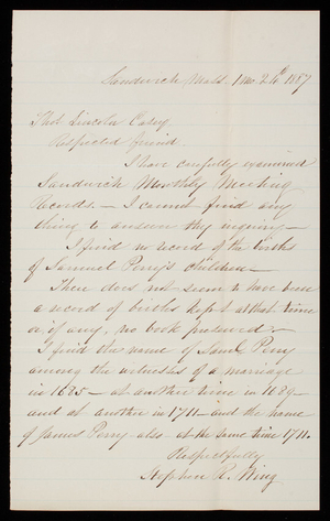 Stephen R. Wing to Thomas Lincoln Casey, January 24, 1887 - Digital Commonwealth