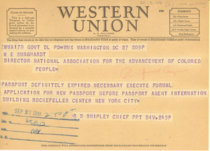 Telegram from United States Department of State to W. E. B. Du Bois ...