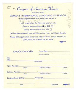 Congress of American Women application card - Digital Commonwealth