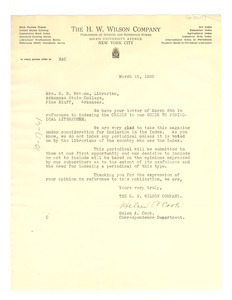 Letter from H. W. Wilson Company to Arkansas State College - Digital ...