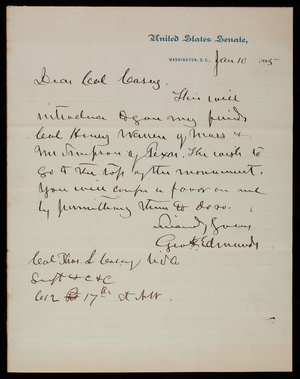 Senator [George] Edmunds to Thomas Lincoln Casey, January 10, 1885 ...