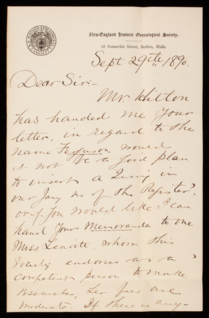 Thomas F. Millett to Thomas Lincoln Casey, September 29, 1890; Thomas ...