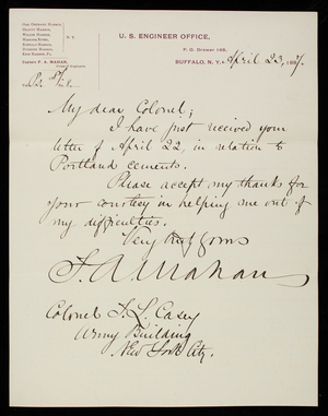 Captain [Frederick] A. Mahan to Thomas Lincon Casey, April 23, 1887 ...