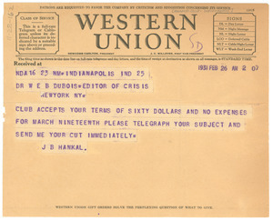 Telegram from Research Club of Indianapolis to W. E. B. Du Bois ...