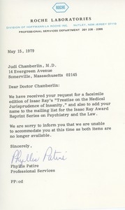 Letter from Phyllis Patire to Judi Chamberlin - Digital Commonwealth