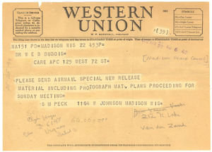 Telegram from Madison Peace Council to W. E. B. Du Bois - Digital ...