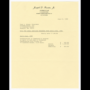 Bill for legal services rendered from April-June 1990, Joseph D ...