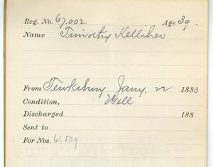 Tewksbury Almshouse Intake Record: Kelliher, Timothy - Digital Commonwealth