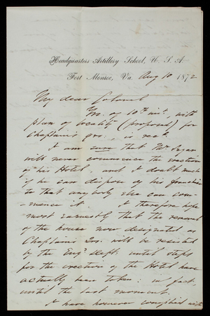 General William F. Barry to Colonel William P. Craighill, August 10 ...