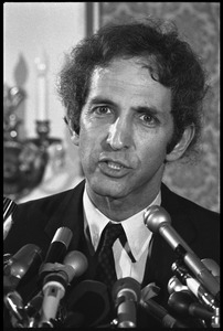 Daniel Ellsberg at the podium, speaking at a press conference following ...