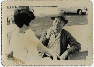 Man and woman in conversation, Rodney Hunt Company outing, Pine Beach ...