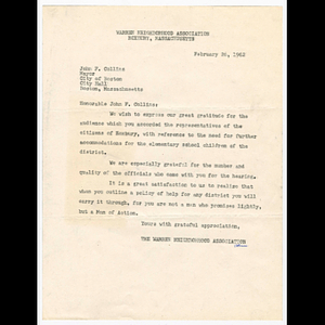 Letter from the Warren Neighborhood Association to John F. Collins ...