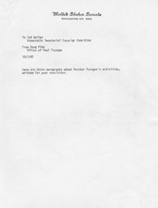 Memo to Ted Waller from Doug Pike: Regarding Tsongas' activities for ...