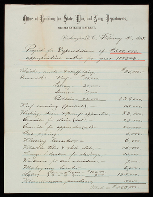 Project of Expenditure or $500,000 appropriation asked for year 1885-6 ...