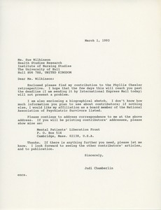 Letter from Judi Chamberlin to Sue Wilkinson - Digital Commonwealth