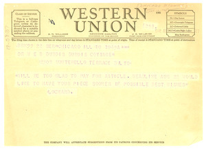 Telegram from Metz T. P. Lochard to W. E. B. Du Bois - Digital Commonwealth
