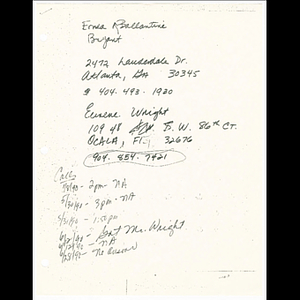 Note with contact information for Erma Bryant Ballantine and Euryne ...