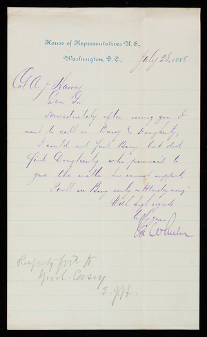 [General Joseph] Wheeler to Col A. J. Harvey, July 28, 1888 - Digital ...
