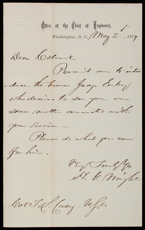 General [Horatio] G. Wright to Thomas Lincoln Casey, May 2, 1879 ...