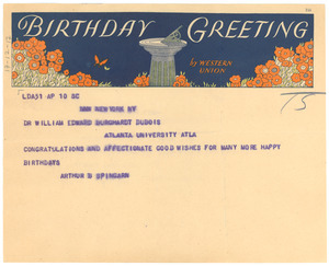 Telegram from Arthur Spingarn to W. E. B. Du Bois - Digital Commonwealth