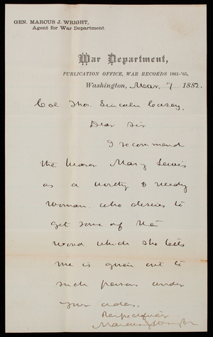 General Marcus J. Wright to Thomas Lincoln Casey, March 7, 1882 ...