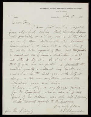 [Edward] P. Alexander to Thomas Lincoln Casey, September 3, 1890 ...