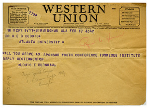 Telegram from Southern Negro Youth Congress to W. E. B. Du Bois ...