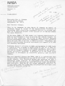 Letter to Paul Tsongas from Terence Finn concerning a NASA Spacelab ...